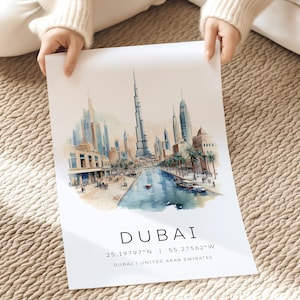 Dubai Destination Travel Print, Dubai Gift, Dubai Map Coordinates, UAE ...
