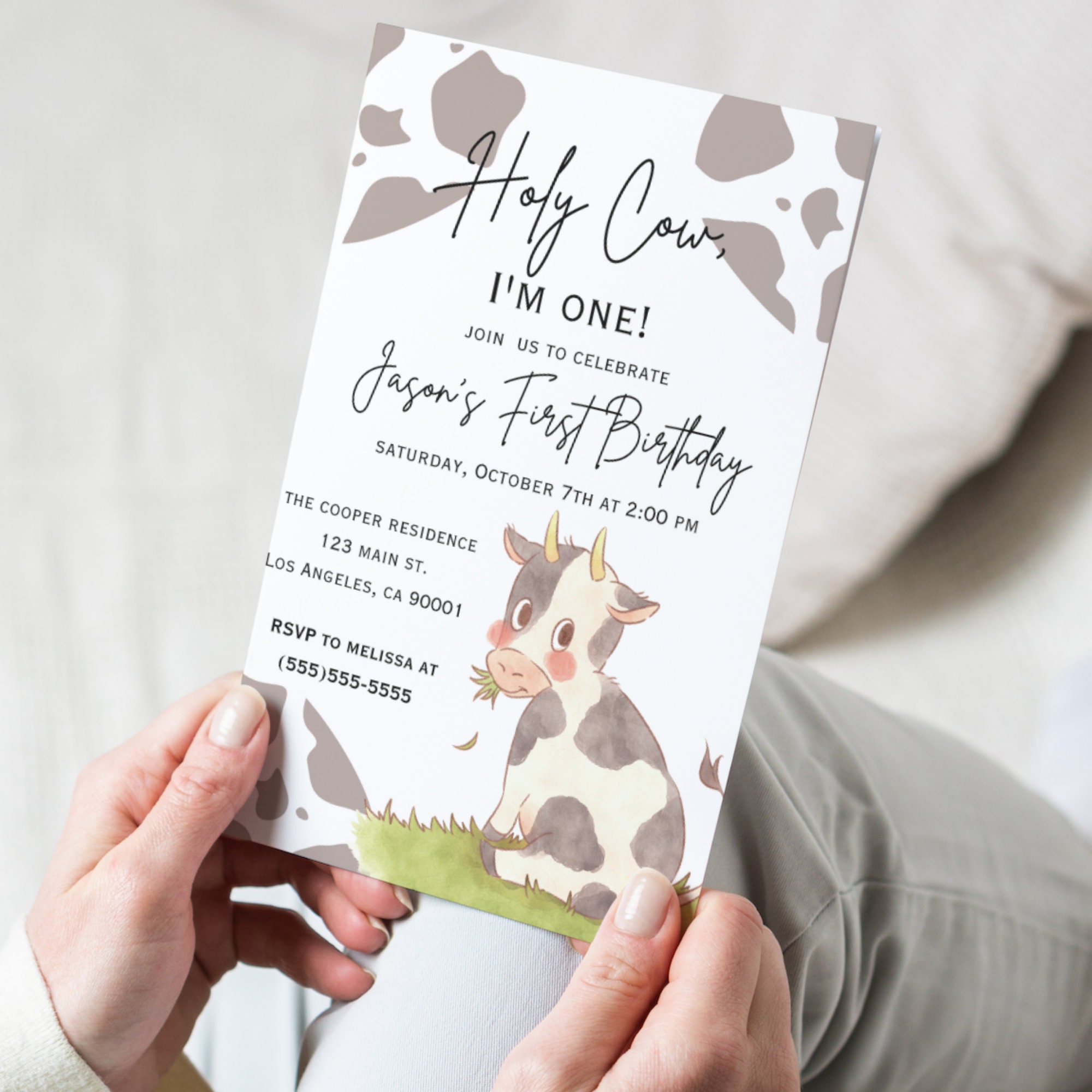 Holy Cow I'm One Birthday Invitation, Cow Print Birthday Invitation ...
