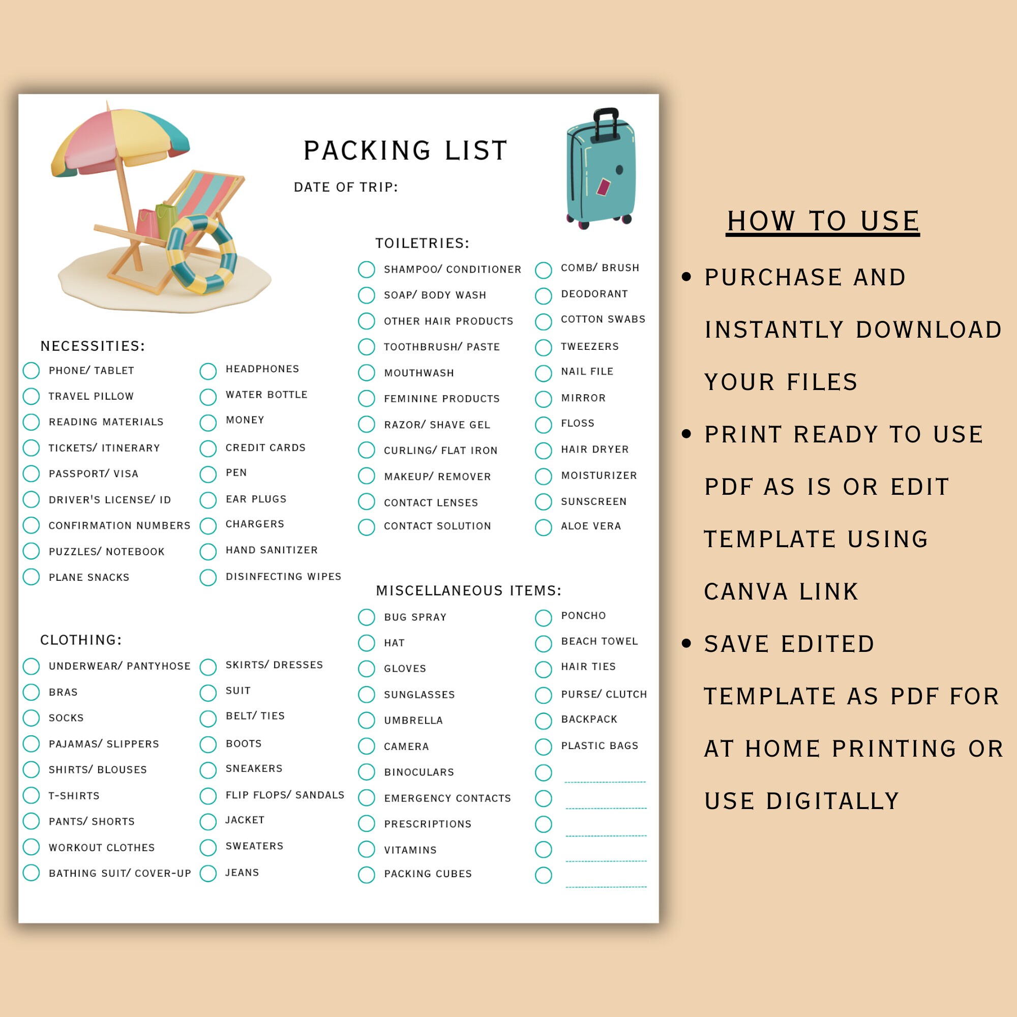 Packing List, Editable, Printable, Canva Template - Etsy