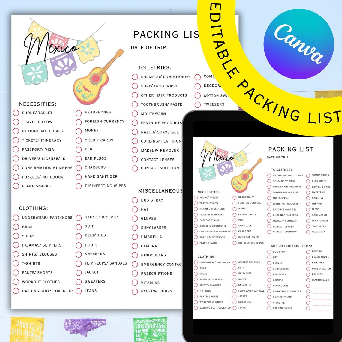 Mexico Packing List, Editable, Printable, Canva Template - Etsy