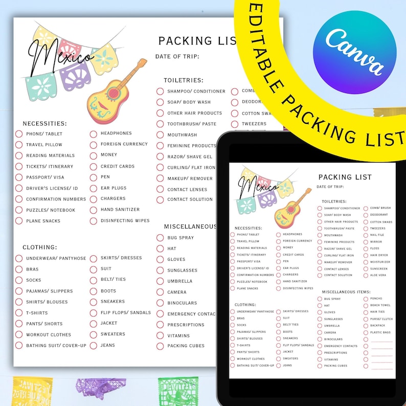 Mexico Packing List, Editable, Printable, Canva Template - Etsy