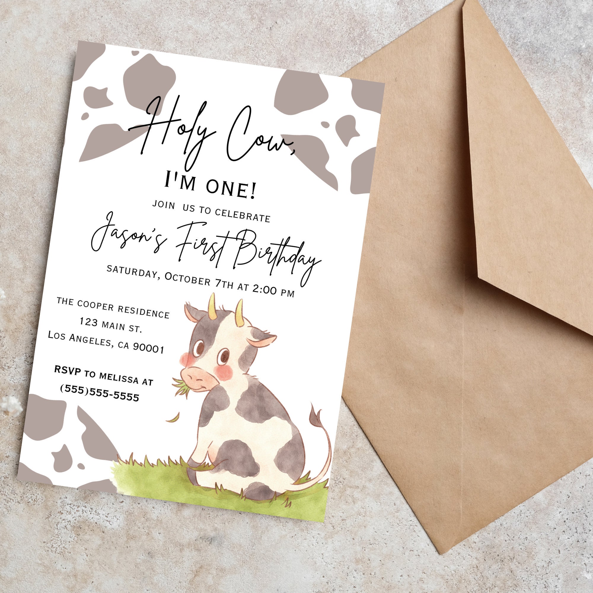 Holy Cow I'm One Birthday Invitation, Cow Print Birthday Invitation ...