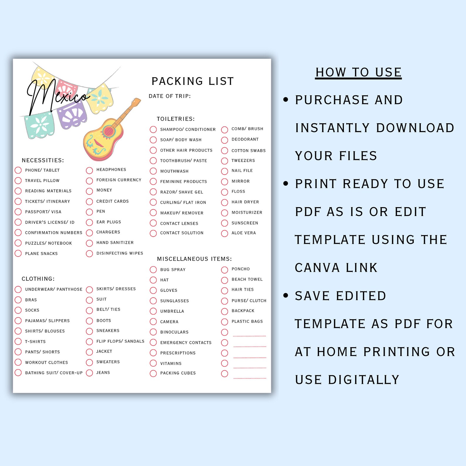 Mexico Packing List, Editable, Printable, Canva Template - Etsy