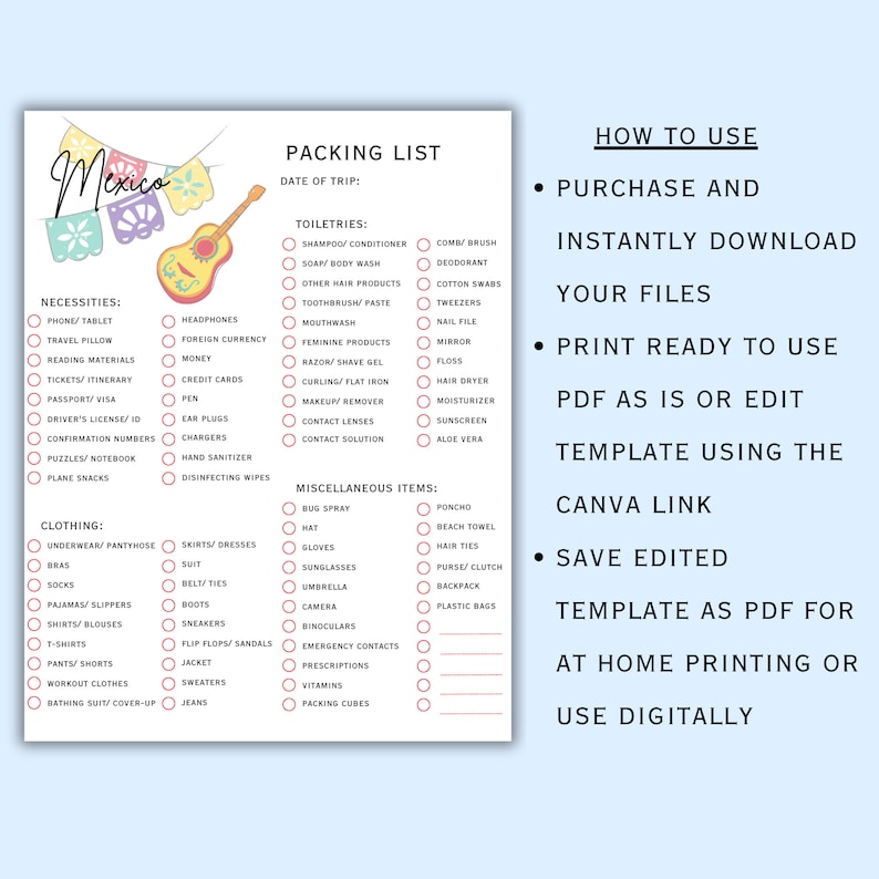 Mexico Packing List, Editable, Printable, Canva Template - Etsy