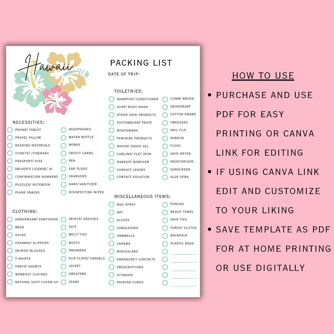 Hawaii Packing List, Editable, Printable, Canva Template - Etsy