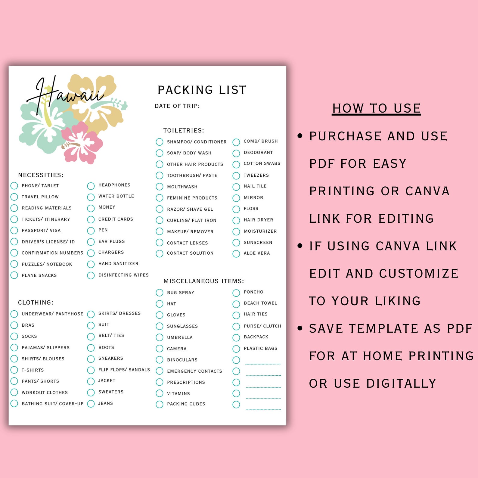 Hawaii Packing List, Editable, Printable, Canva Template - Etsy