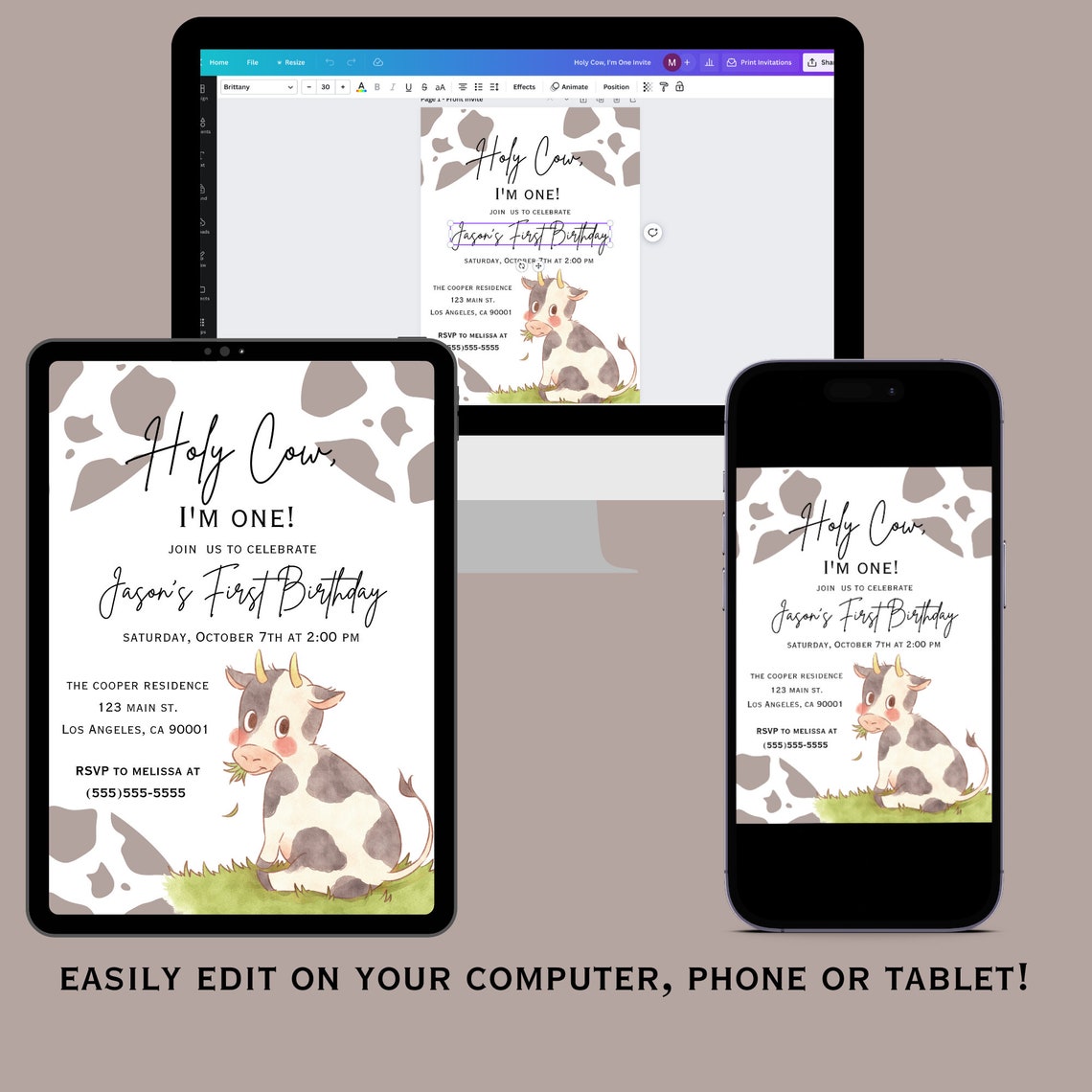 Holy Cow I'm One Birthday Invitation, Cow Print Birthday Invitation ...