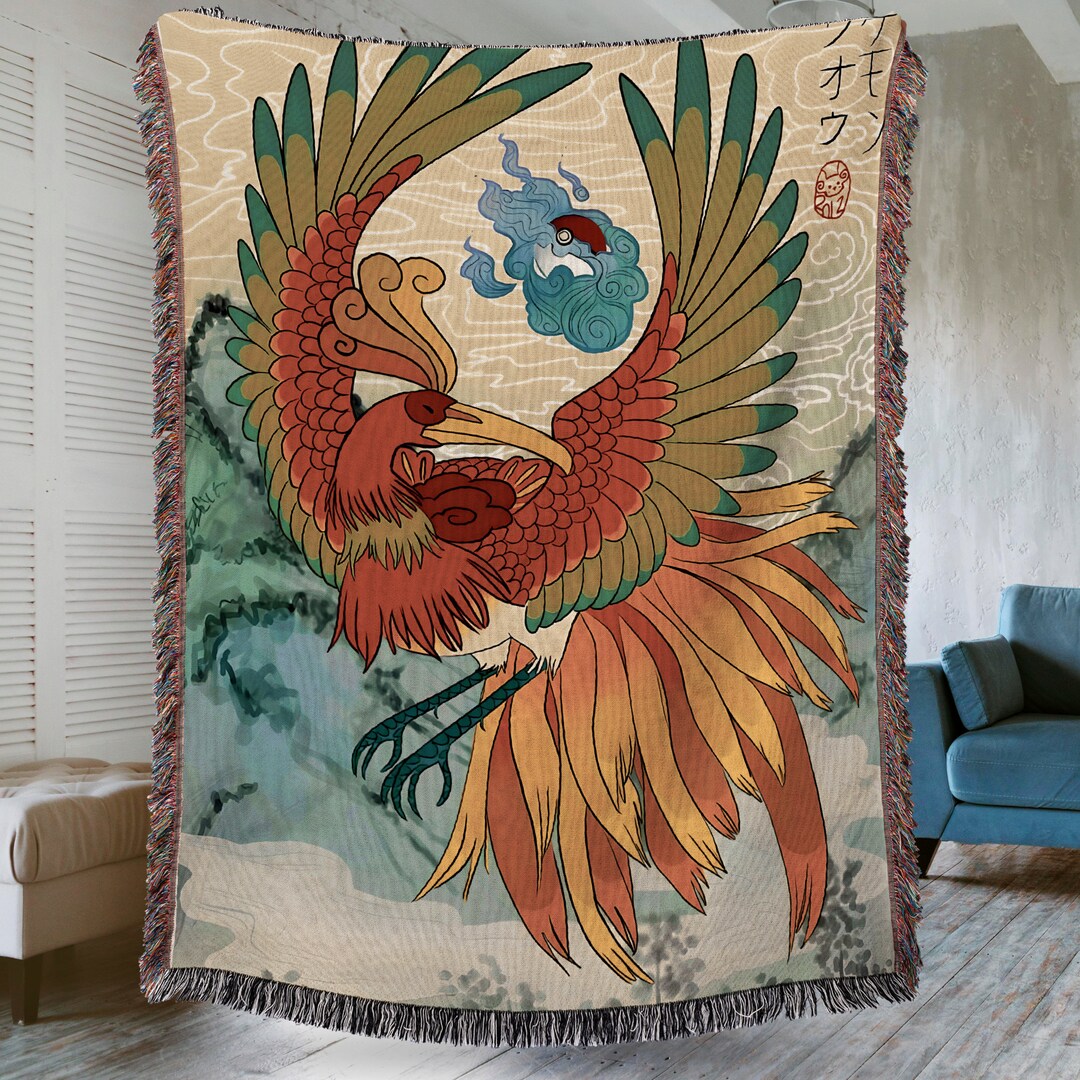 Risen Phoenix Woven Throw Blanket Japanese Wall Art Tapestry Decorative ...