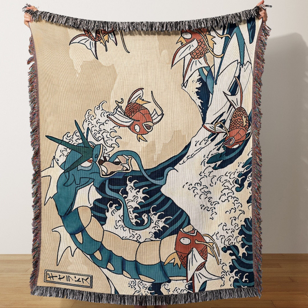 Gyarados Great Wave Woven Blanket Japanese Dragon Japandi Home Decor ...