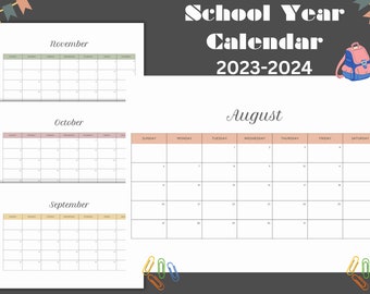 2023-2024 School Year Calendar Printable, Editable Kids Calendar, 12 ...