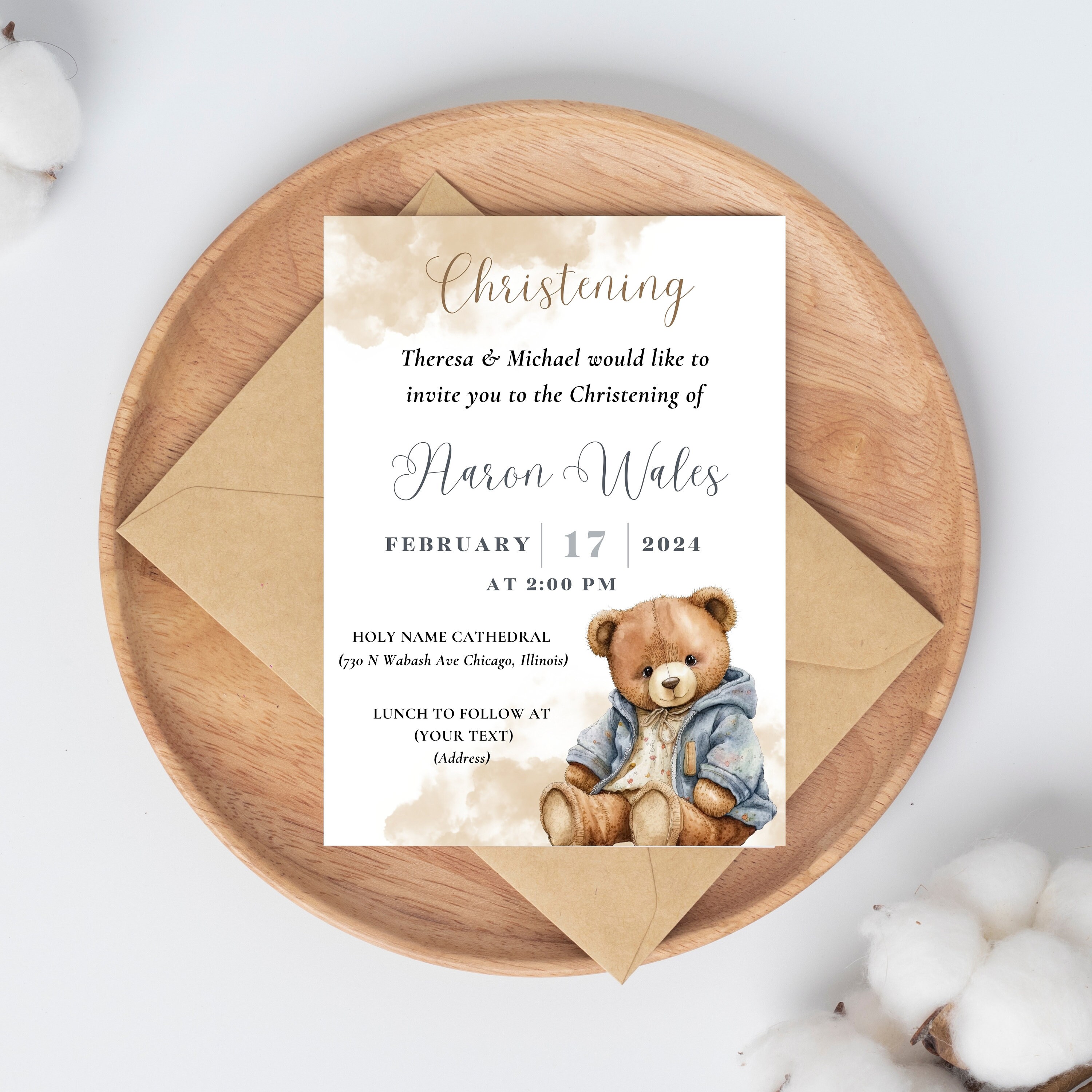 Baby Bear Christening Invitation, Custom Digital Baptism Invite ...
