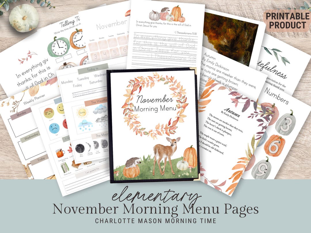 November Morning Menu Pages: Charlotte Mason Homeschool Printable (K-5 ...