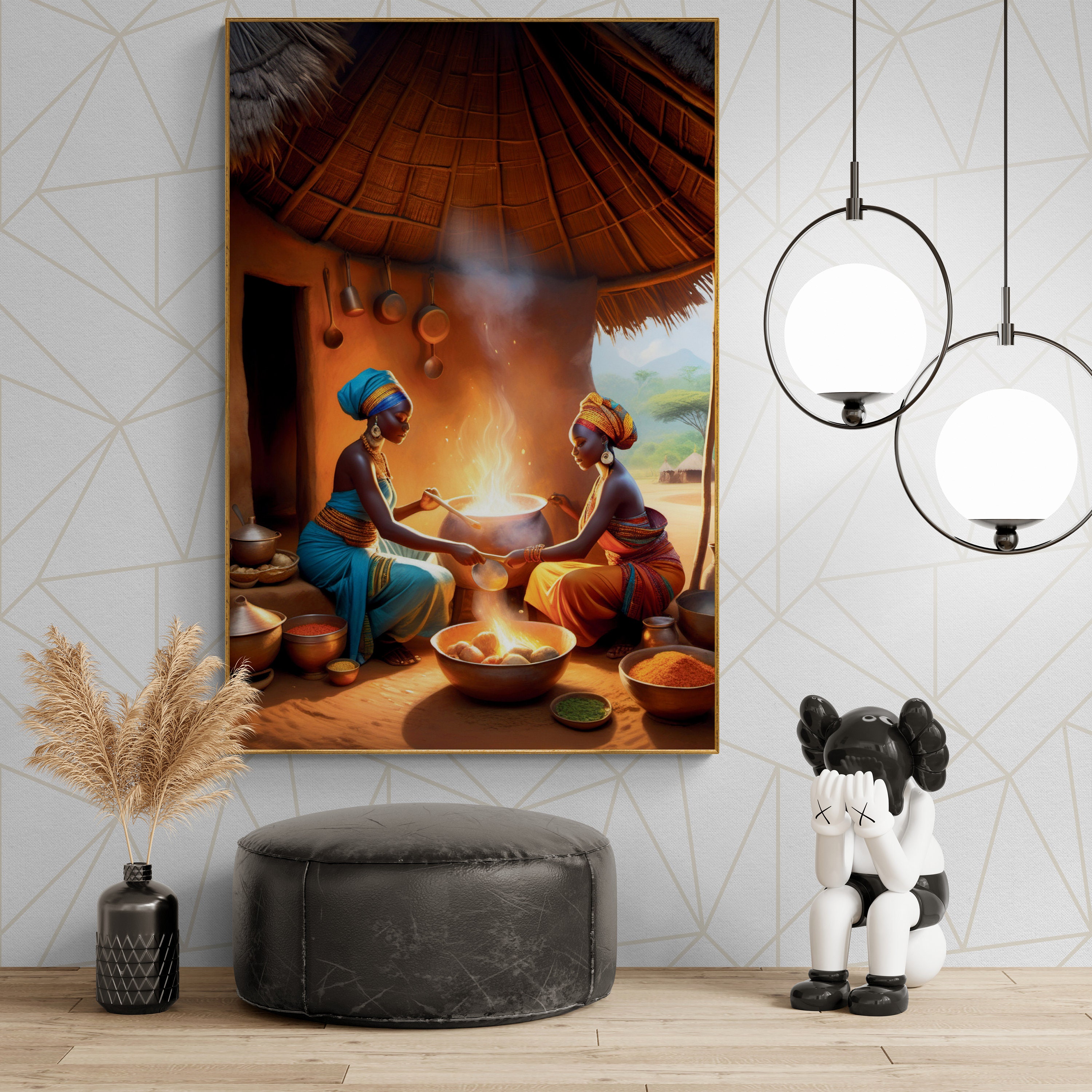 African Ghanaian Tribal Wives Cooking Under Hut House, African Wall Art ...