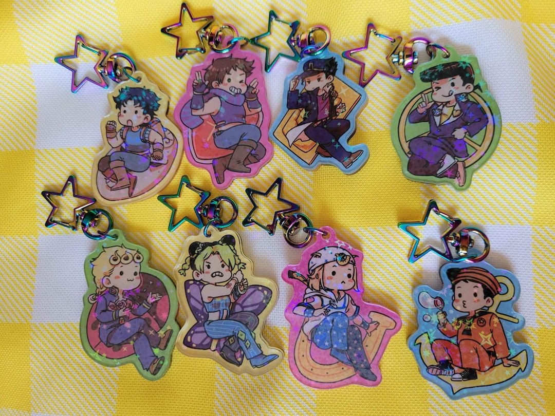 JJBA Keychains, 2 Inch Acrylic Charms With Star Clasp and Holographic ...