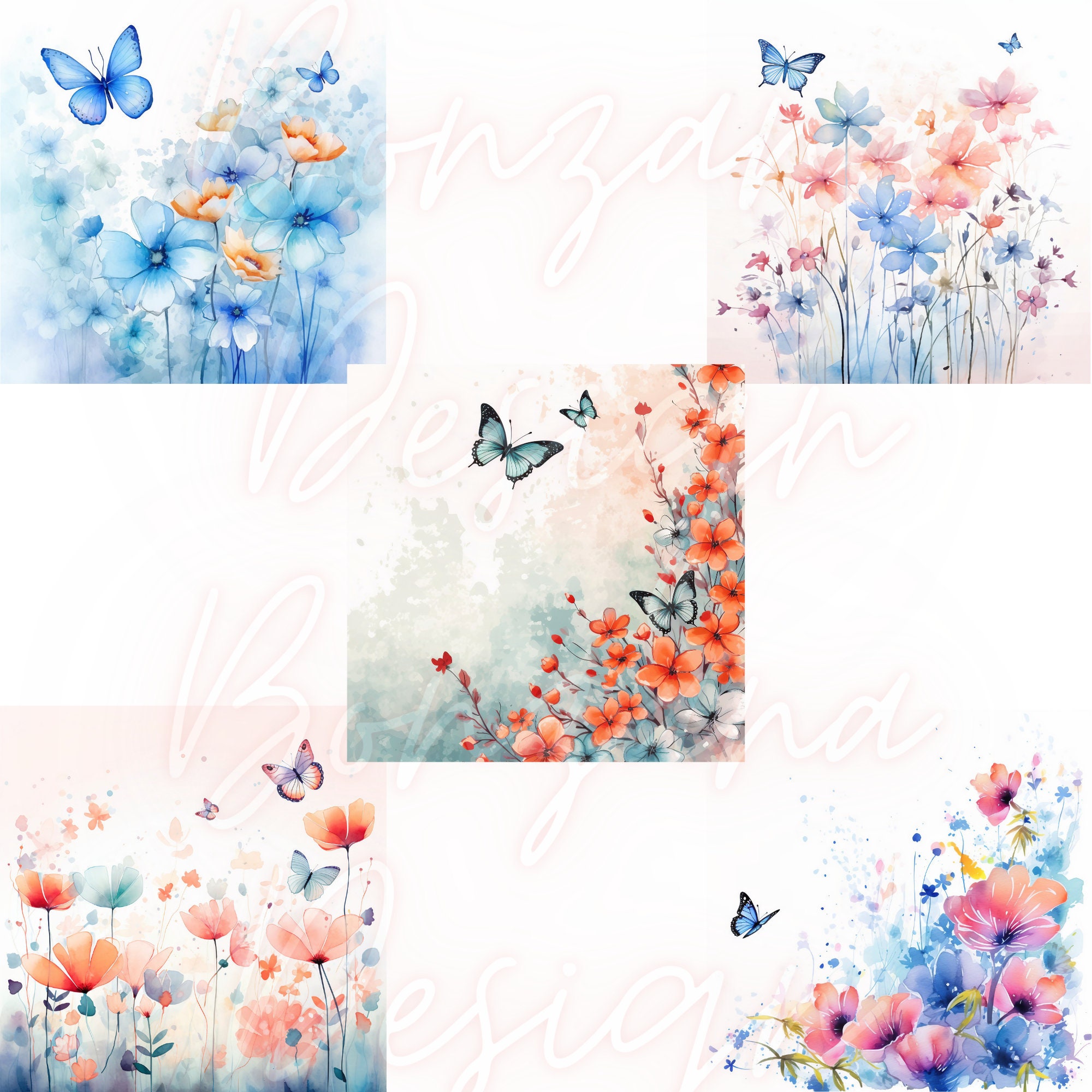 Digital Watercolor Flower Butterfly Backgrounds, Digital Paper, Floral ...