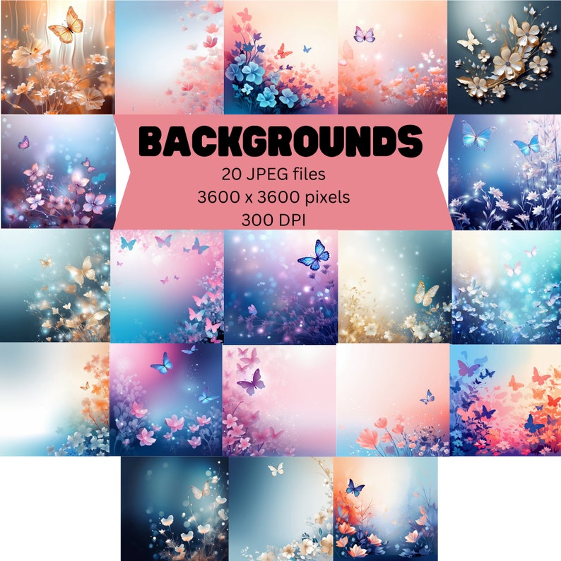 Digital Flower Butterfly Backgrounds, Digital Paper, Floral Butterfly ...