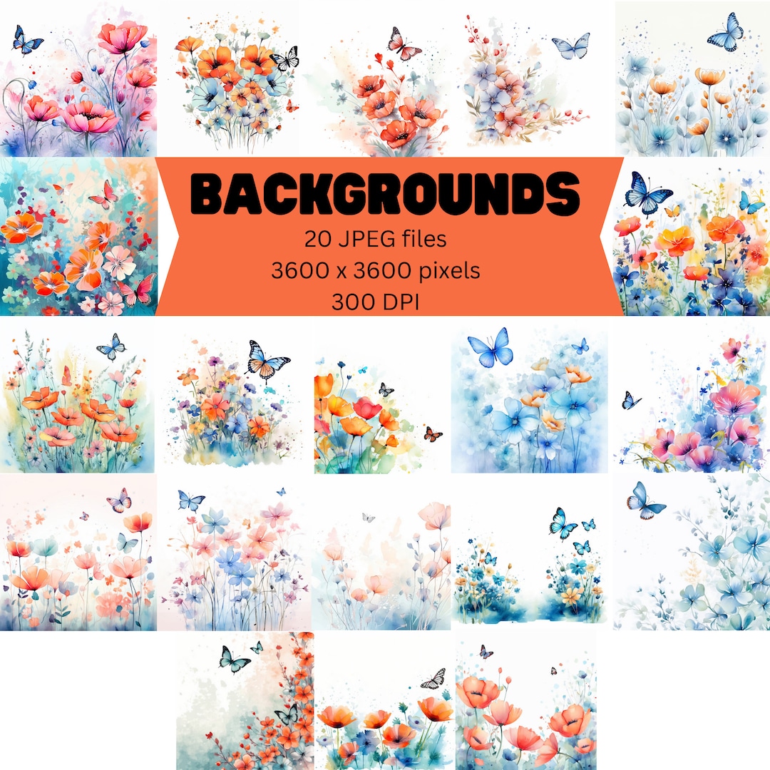 Digital Watercolor Flower Butterfly Backgrounds, Digital Paper, Floral ...