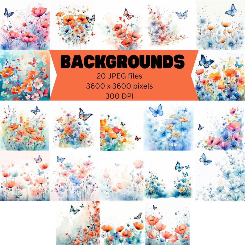 Digital Watercolor Flower Butterfly Backgrounds, Digital Paper, Floral ...