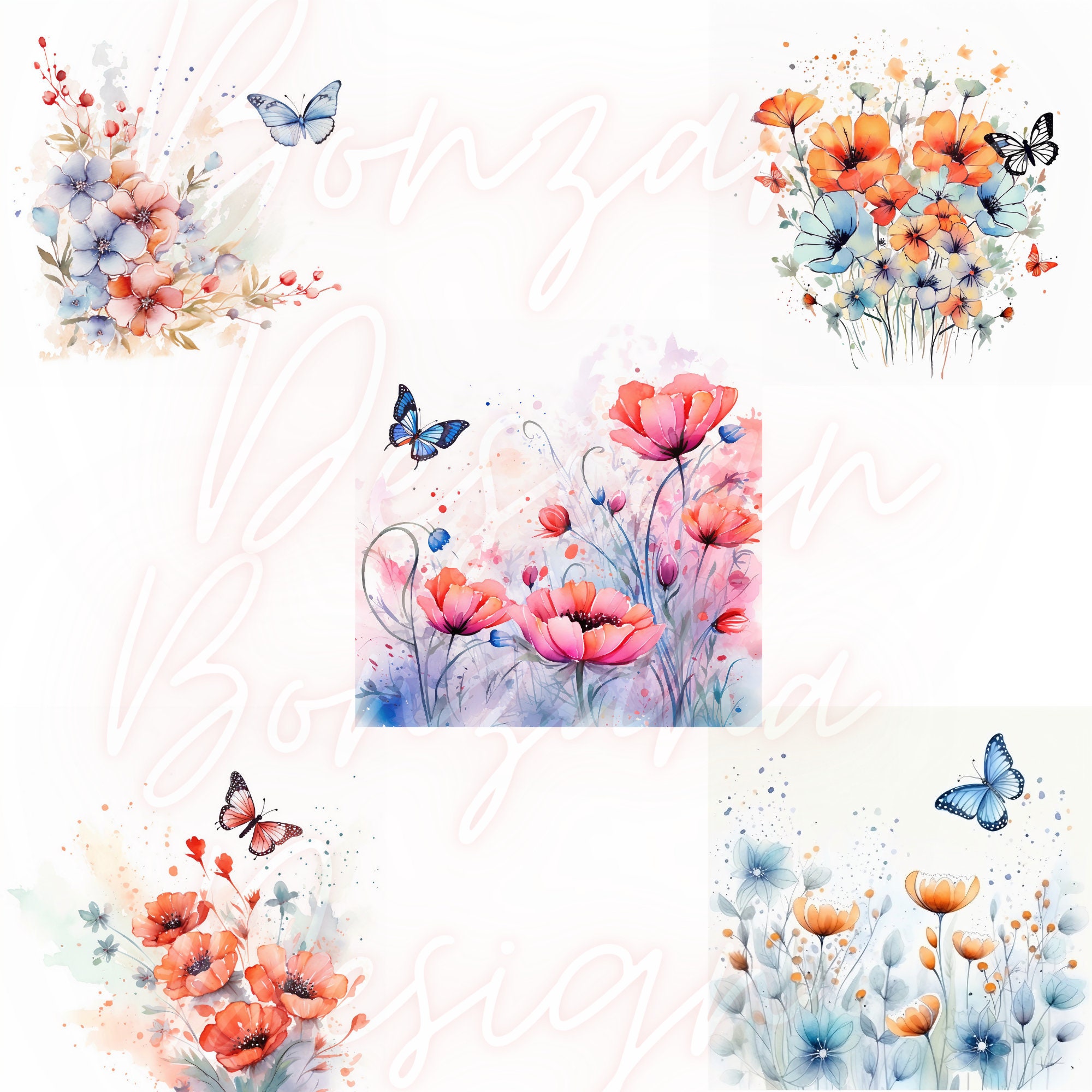 Digital Watercolor Flower Butterfly Backgrounds, Digital Paper, Floral ...