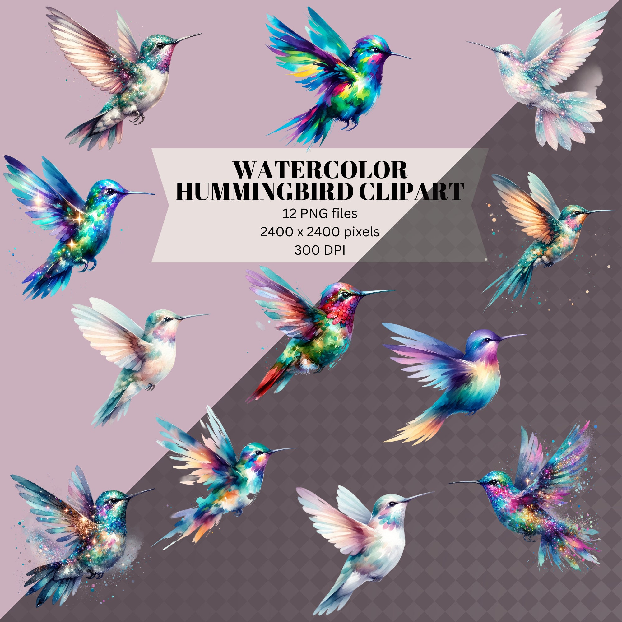 Watercolor Hummingbird Clipart, 12 PNG Bird Clipart, Glitter ...