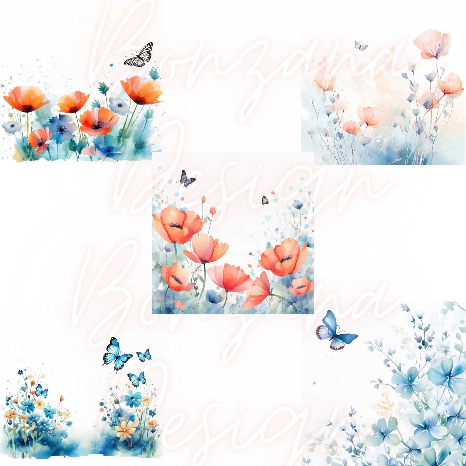 Digital Watercolor Flower Butterfly Backgrounds, Digital Paper, Floral ...