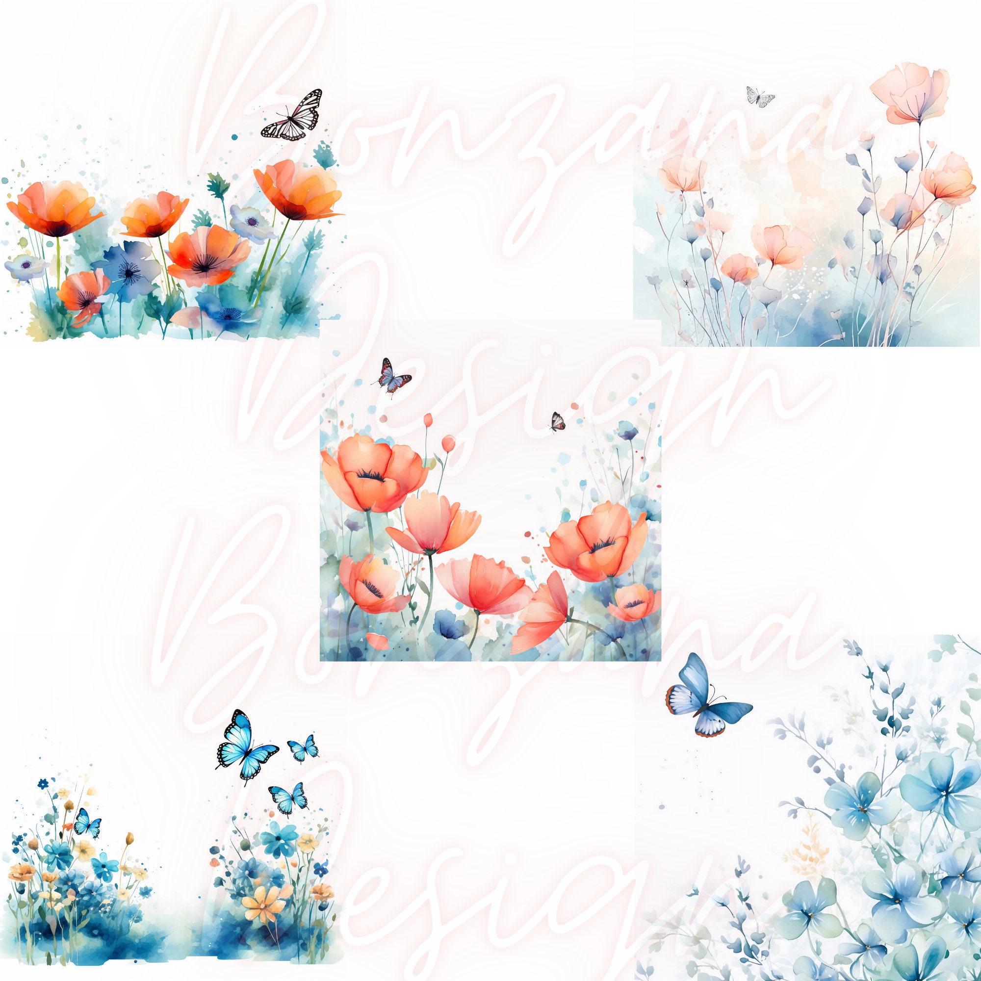 Digital Watercolor Flower Butterfly Backgrounds, Digital Paper, Floral ...