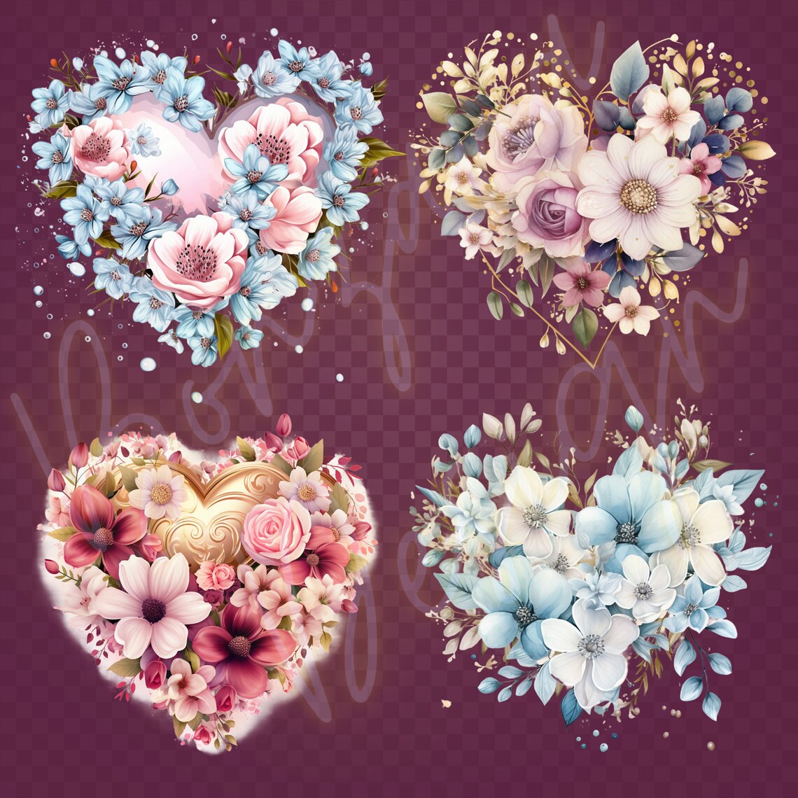 Floral Heart Clipart,transparent Floral Heart,digital Illustrations Png ...