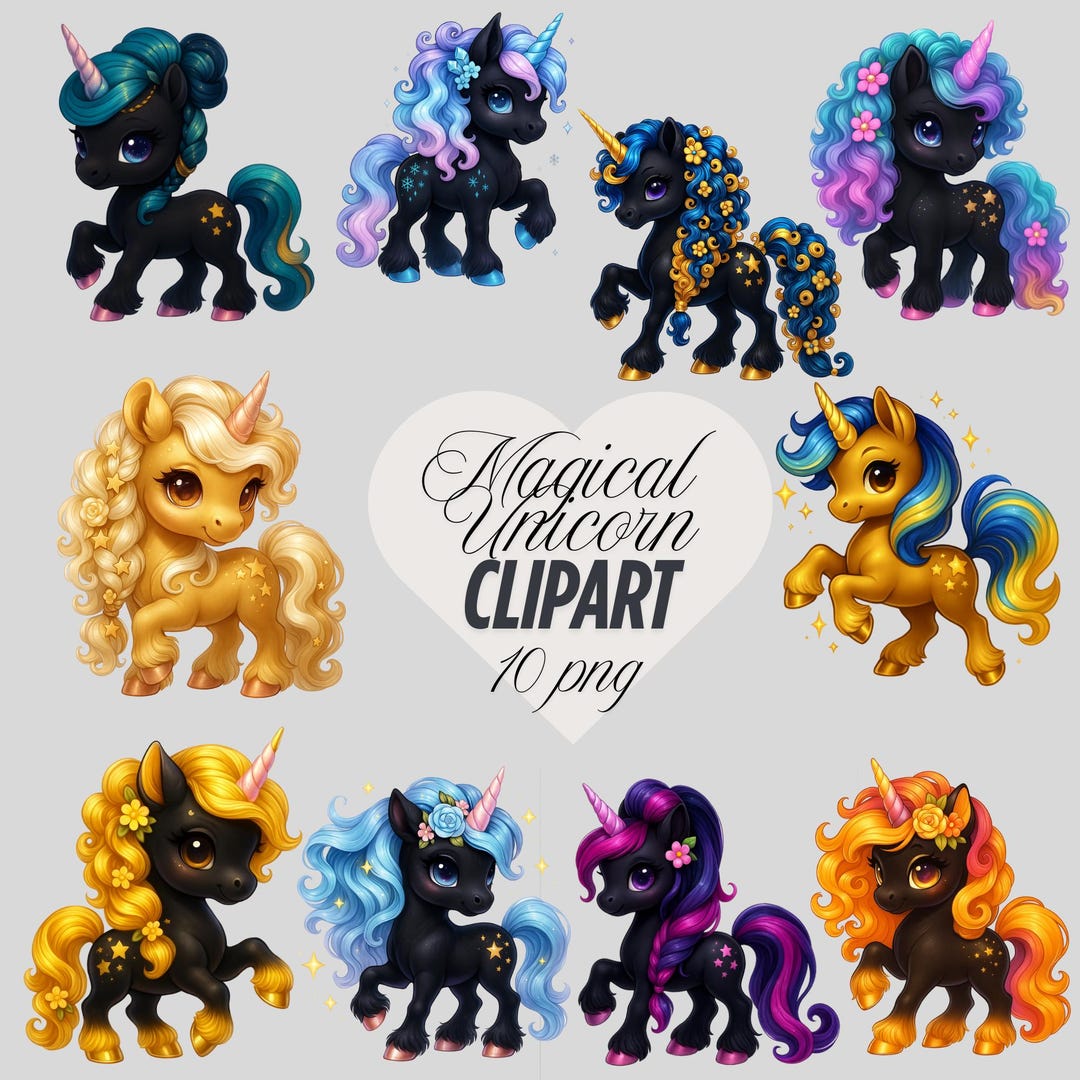 Magic Unicorn Clipart Bundle, Fantasy Cute Pony PNG, Mystical Girl ...
