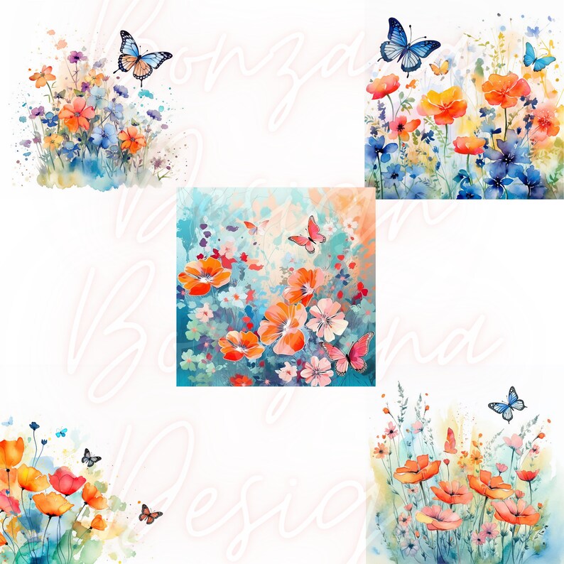 Digital Watercolor Flower Butterfly Backgrounds, Digital Paper, Floral ...