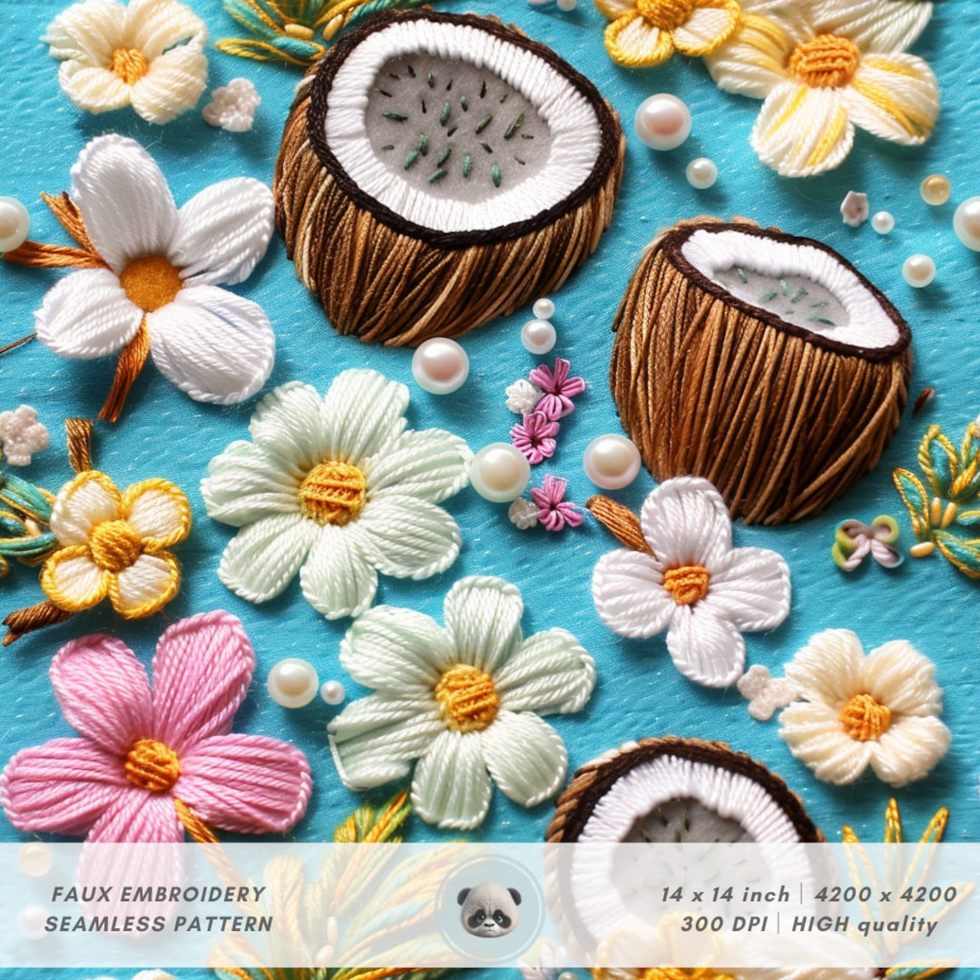 3d Coconut and Pearls Seamless Pattern, Faux Embroidery Hawaiian Fabric ...
