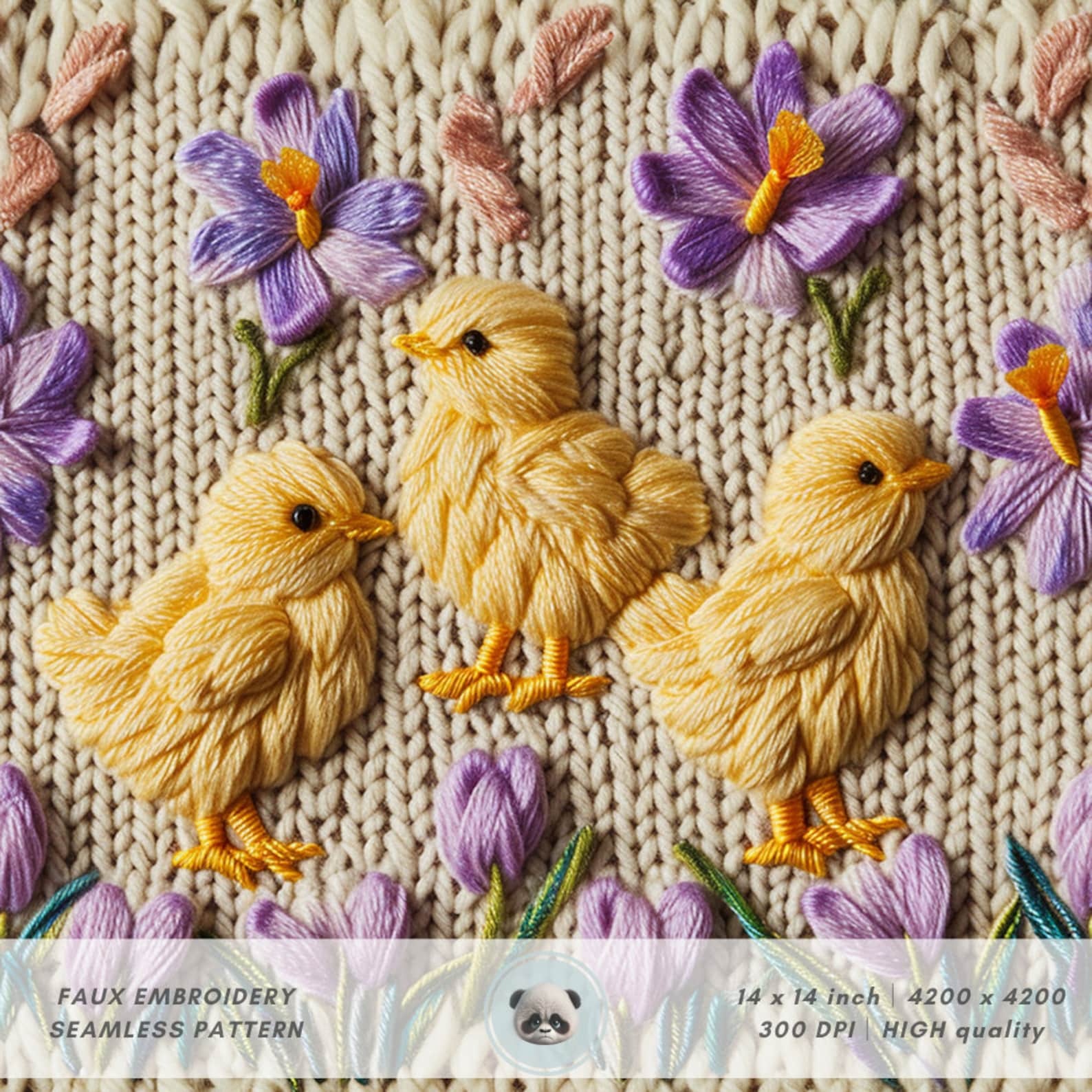 3d Knitted Easter Chicks Faux Embroidery Seamless Pattern, Purple ...
