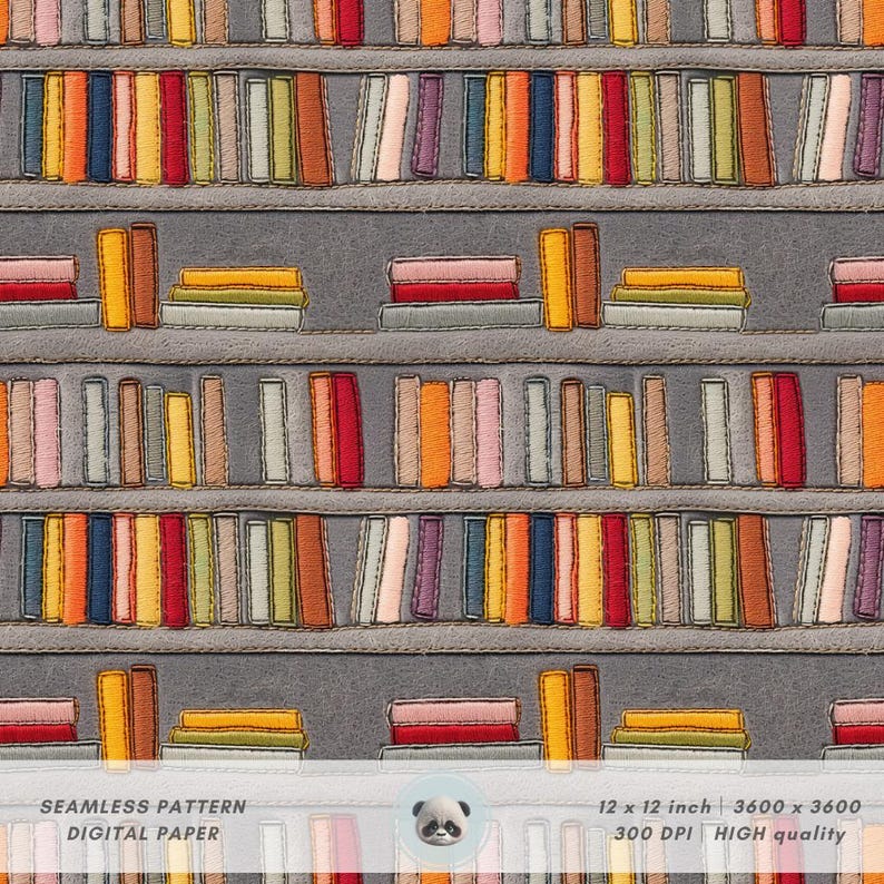 3d Bookshelf Faux Embroidery Seamless Pattern, Bookish Digital Paper ...