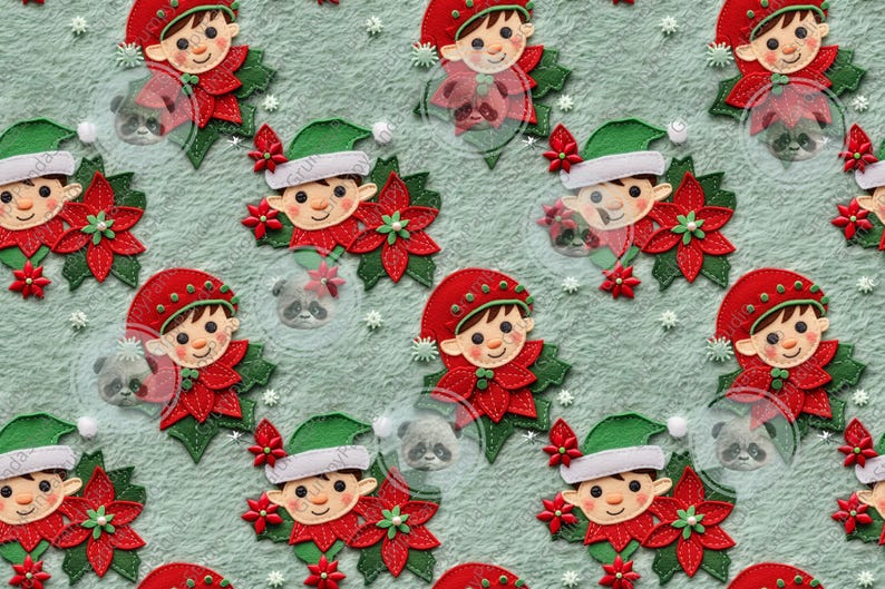 3d Santa's Elf With Red Poinsettia Seamless Pattern, Christmas Flower ...