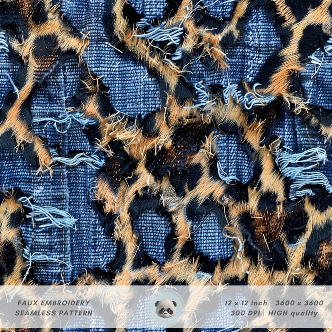 3d Leopard Fur on Denim Seamless Pattern, Faux Furry Embroidered ...