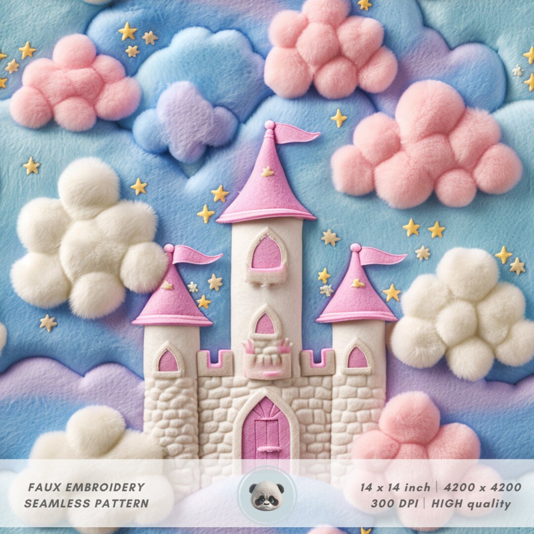 3d Felt Princess Castle Seamless Pattern, Fluffy Faux Embroidery Fairy ...