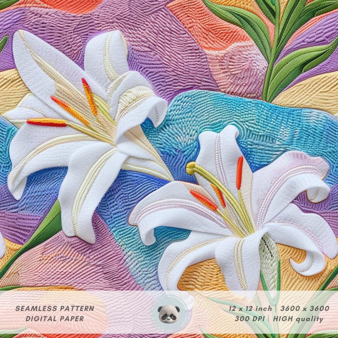 3d Lily Flower Prints, Faux Embroidery Seamless Pattern, White Lilies ...