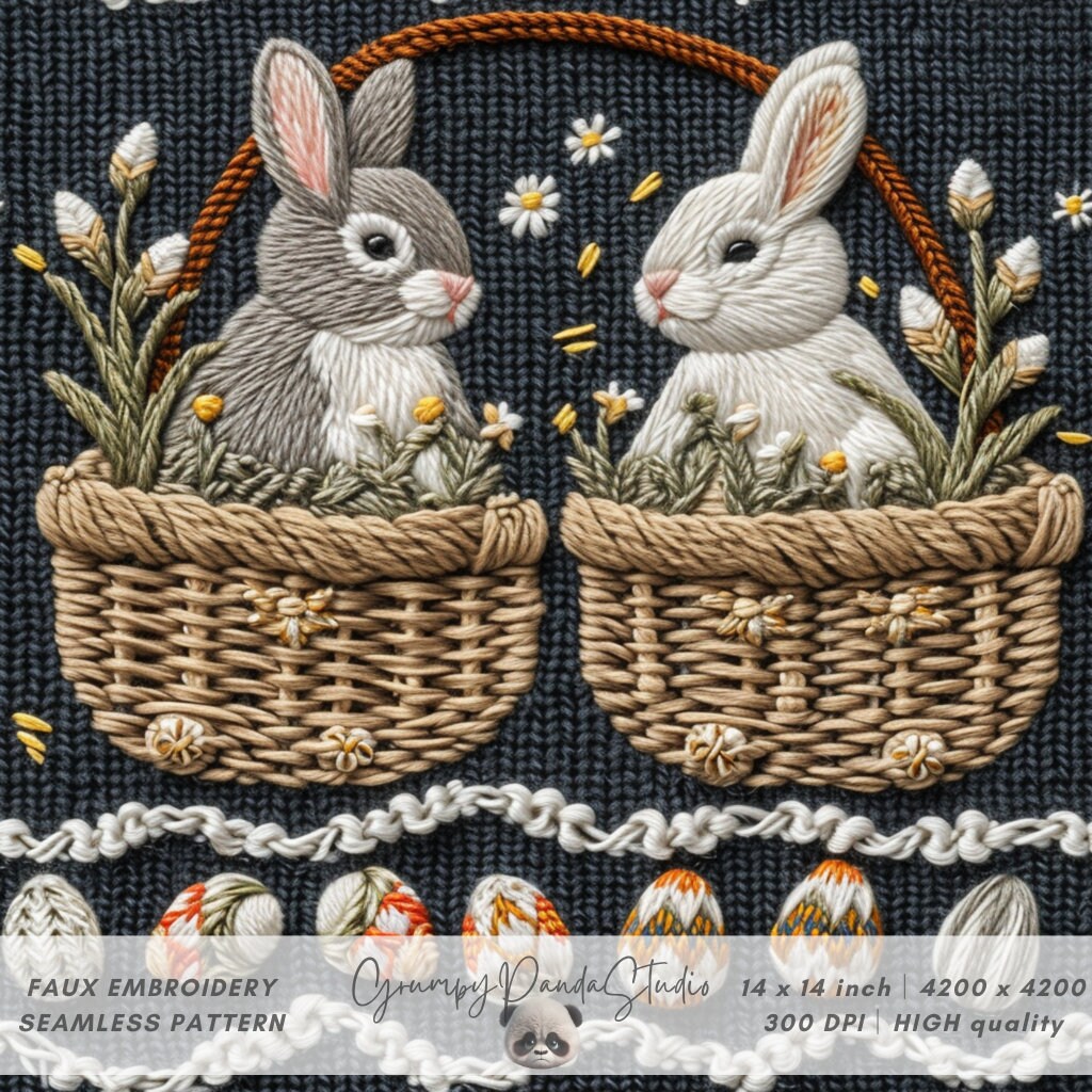 3d Easter Bunny in Easter Basket Seamless Knit Pattern, Easter Eggs ...