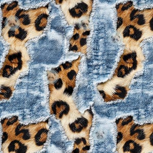 3d Denim and Leopard Print Seamless Pattern, Ripped Jean & Fur Texture ...