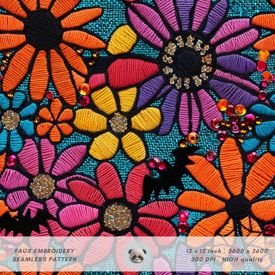 Flowers and Bats Seamless Pattern Digital Paper, Faux Embroidery ...