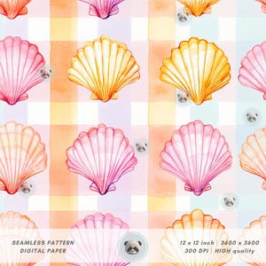 Bright Summer Watercolor Seashell Digital Paper, Pastel Gingham ...