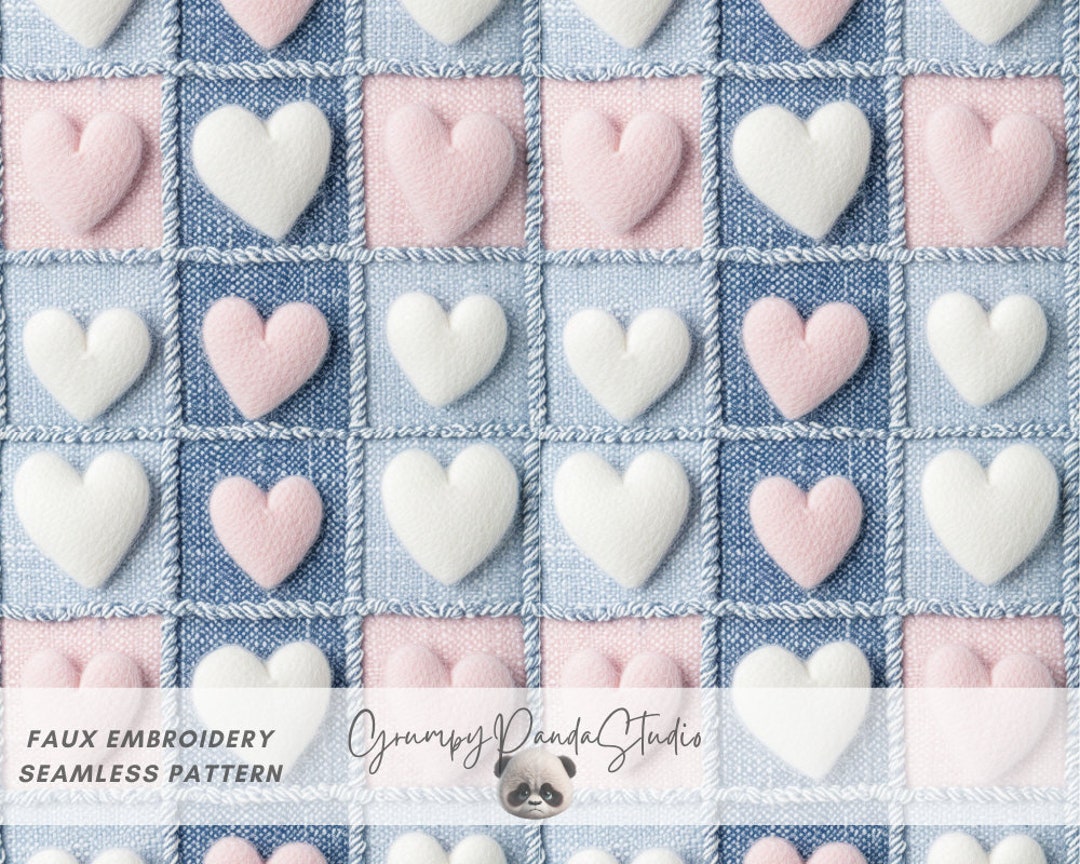 3d Denim Patchwork Felt Hearts Seamless File, Faux Embroidery Light ...