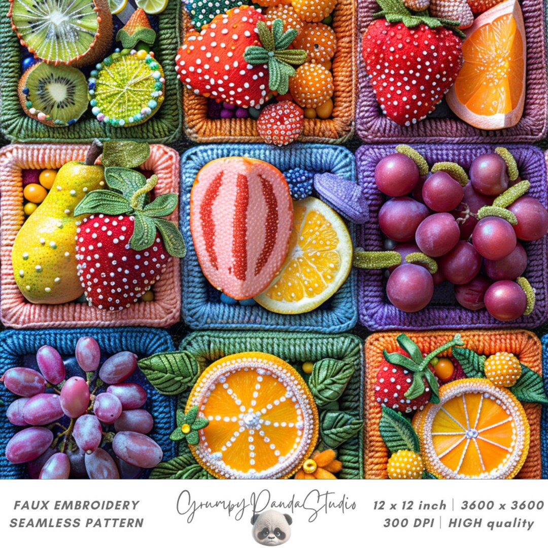 3d Summer Fruits Faux Knit Embroidery Seamless Pattern, Colorful Faux ...