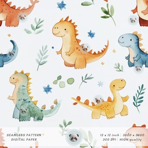 Watercolor Dinosaurs Seamless Pattern, Cute Nursery Jungle Animal ...