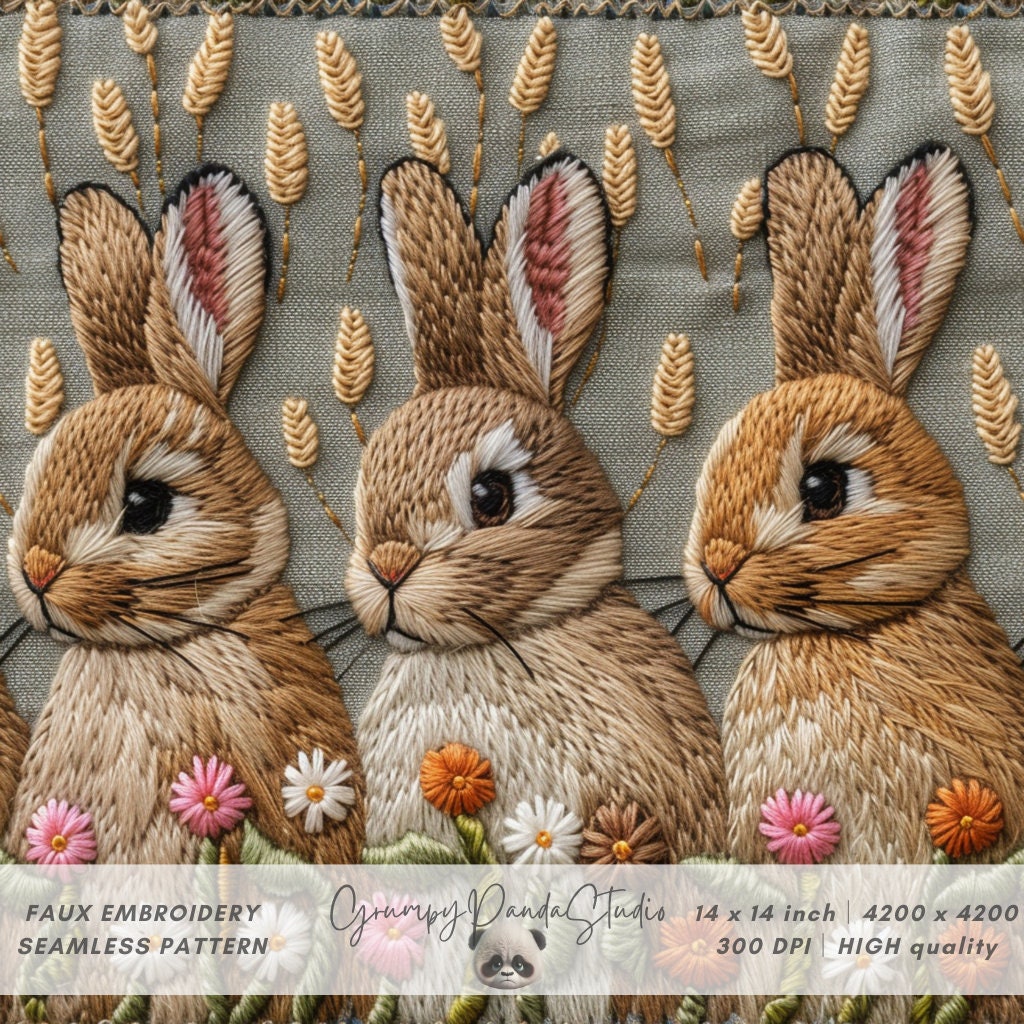 3d Easter Bunnies Seamless Pattern, Faux Embroidery Spring Flowers ...