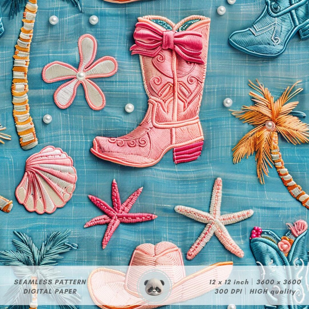 3d Summer Coastal Cowgirl Seamless Pattern, Faux Embroidery Pink Cowboy ...