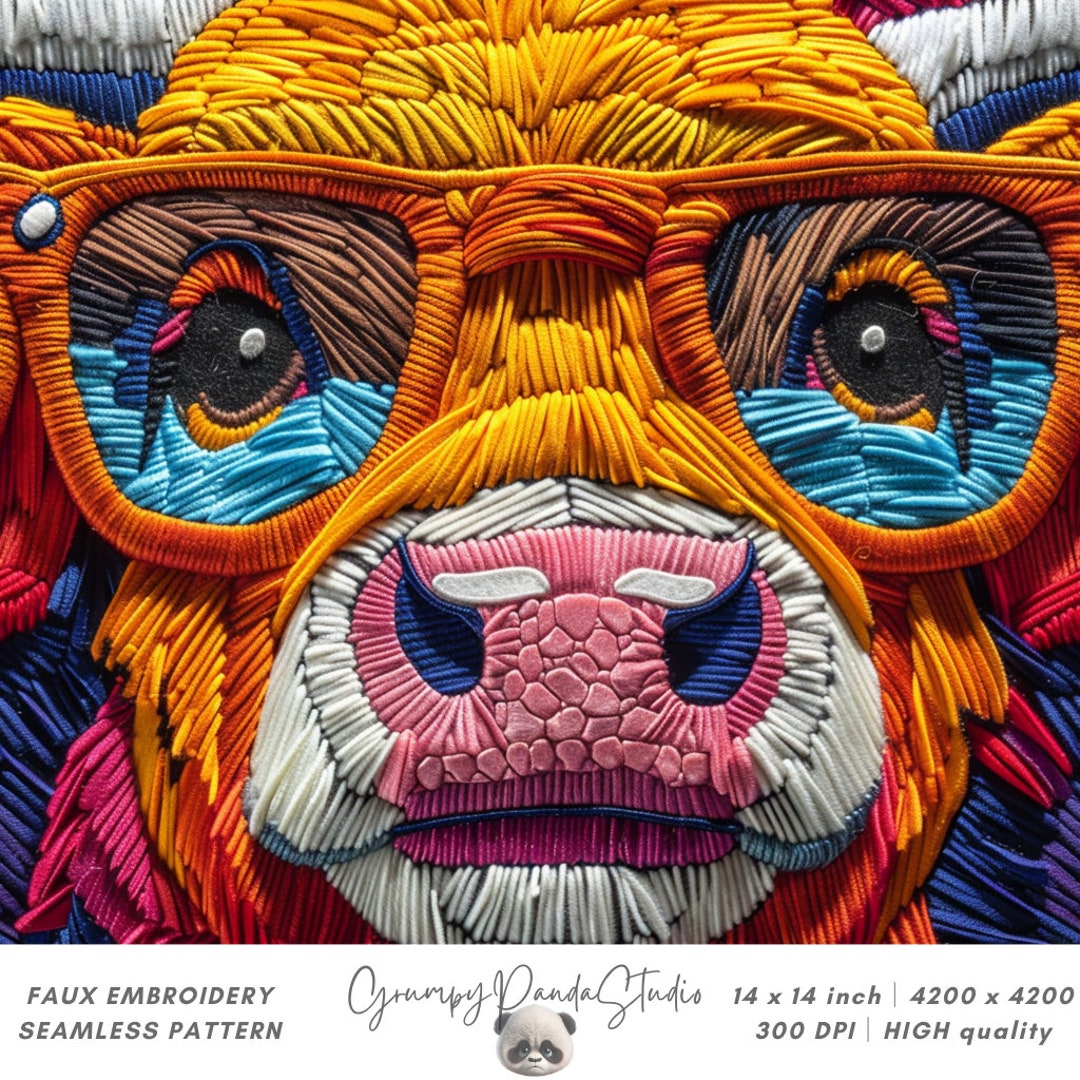 3d Retro Cow in Eyeglasses Seamless Pattern, Faux Embroidery Retro ...