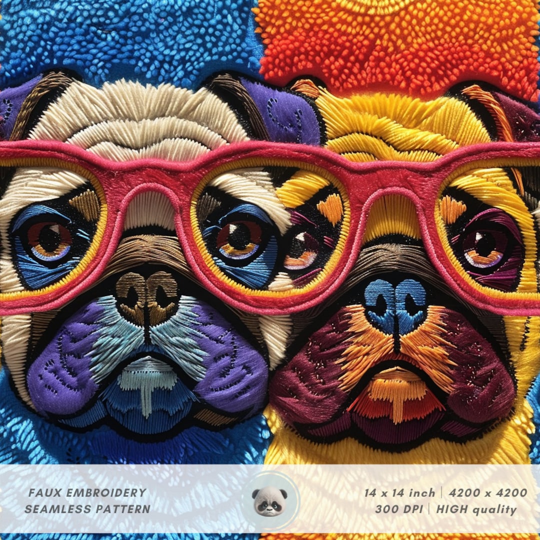 3d Pug in Eyeglasses Seamless Pattern, Faux Embroidery Groovy Fabric ...