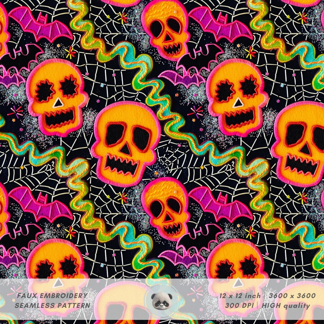 3d Creepy Neon Skull, Faux Embroidery Felted Seamless Pattern ...