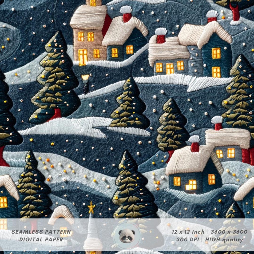 3d Snowy Night Christmas Village, Winter Landscape Seamless Pattern ...