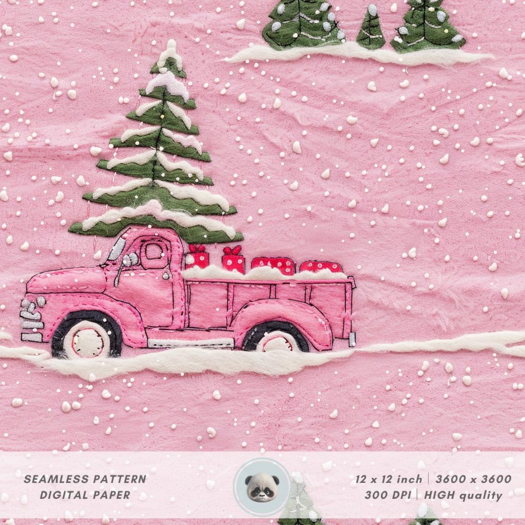 3d Pink Christmas Truck Seamless Pattern, Snowy Christmas Tree, Winter ...